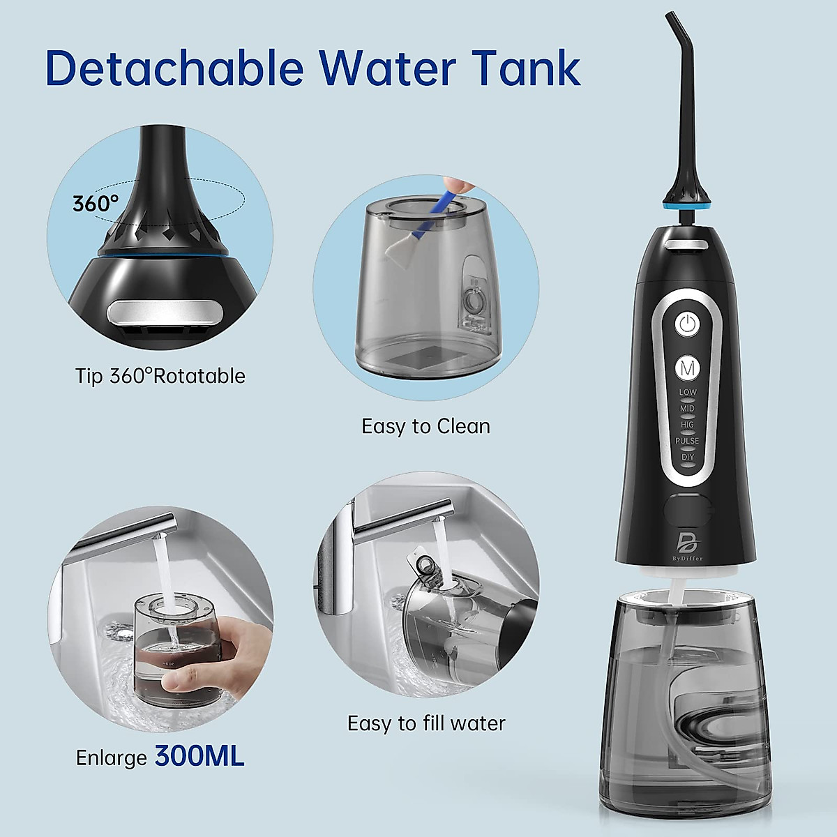 ByDiffer Water Flosser, Cordless Water Flossers for Teeth Cleaning Picks, 300ML 5 DIY Modes 5 Water Jet Tips Rechargeable IPX7 Waterproof Dental Portable Oral Irrigator, Black