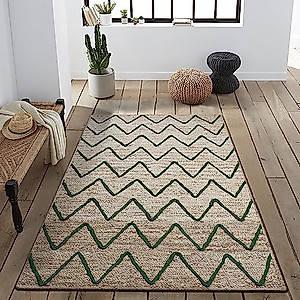 CASAVANI Natural Fiber Collection Runner Area Rug - 4' x 10' Ft Beige & Green Geometric Braided Jute Rug 0.27-inch Thick, Ideal for High Traffic Areas in Hallway & Stair, Outdoor Yoga Mat,