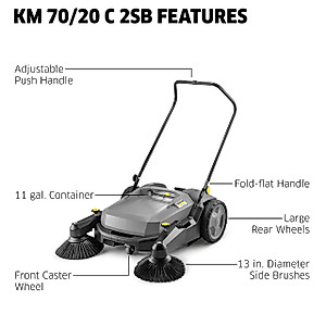 Kärcher Commercial Outdoor Hand Push Sweeper, Two Bristle Brushes, Sweeps up to 30,000 ft²/h - KM 70/20 C 2SB - 12 Gallon Capacity