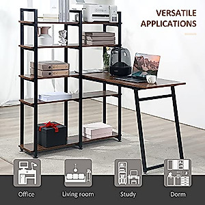 HOMCOM 5 Tier Versatile L-Shaped Computer Desk, Writing Table with Display Shelves and Metal Frame, Space-Saving for Study, Home Office, Walnut