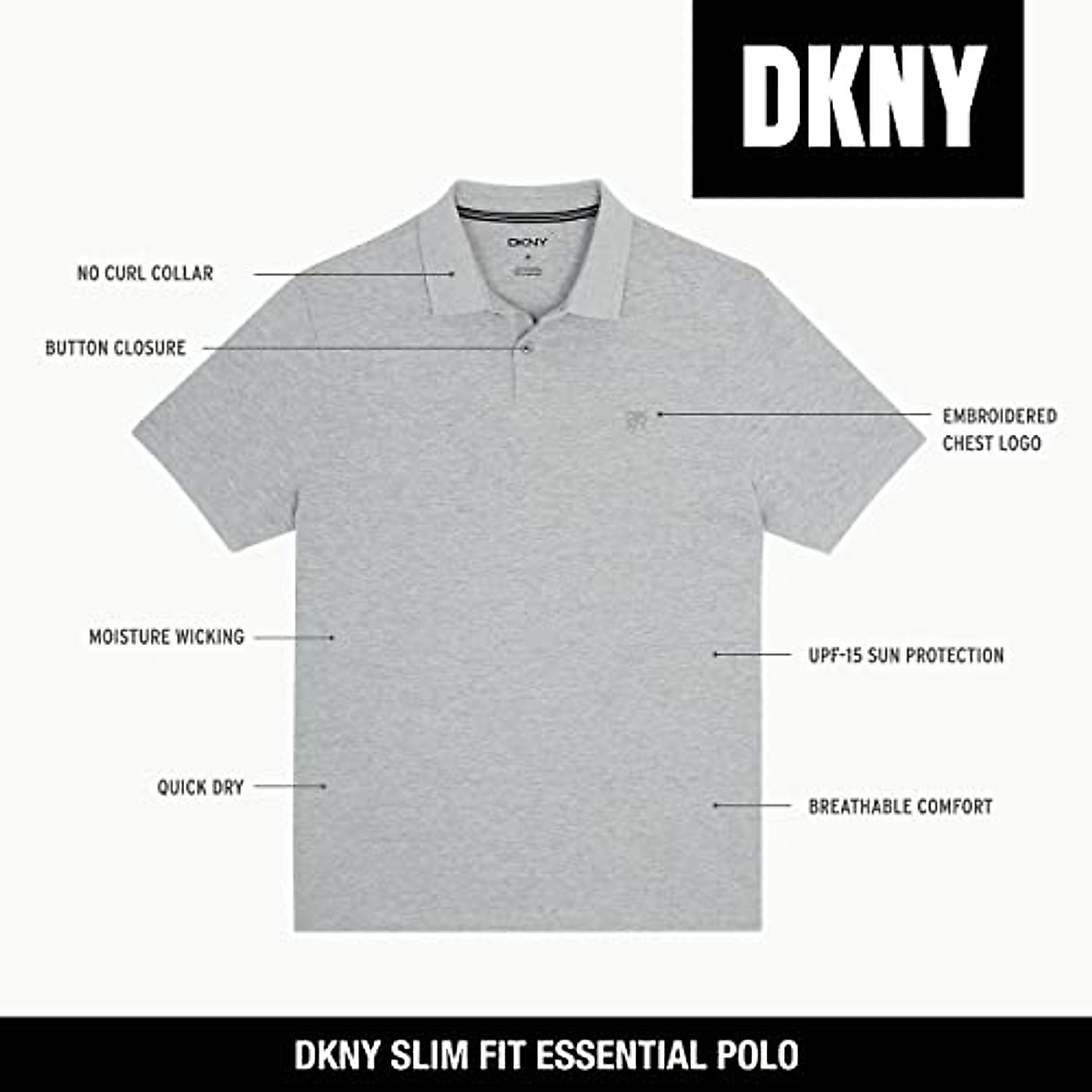 DKNY Men’s Polo Shirt – Cotton Mens Short Sleeve Polo Shirts | No Curl Collar Quick Dry Regular Fit Moisture-Wicking Golf Shirt for Men (Sizes: S-2XL) Heather Grey