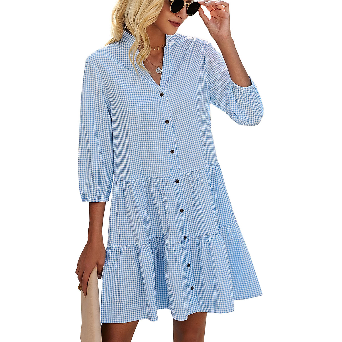 CCTOO Women’s Summer Dresses Casual V Neck Button Down 3/4 Sleeve Floral Print Loose Flowy Shirt Dress Blue Medium