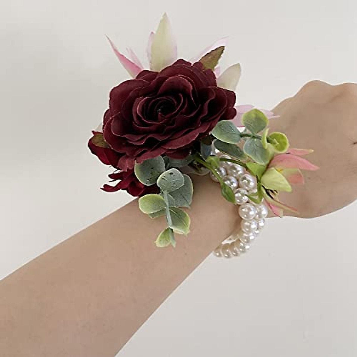 Rinlong Set of 6 Burgundy Wrist Corsage Wristlet Band Bracelet Wrist Flowers Wedding Bride Bridesmaid Flower Accessories Decoration