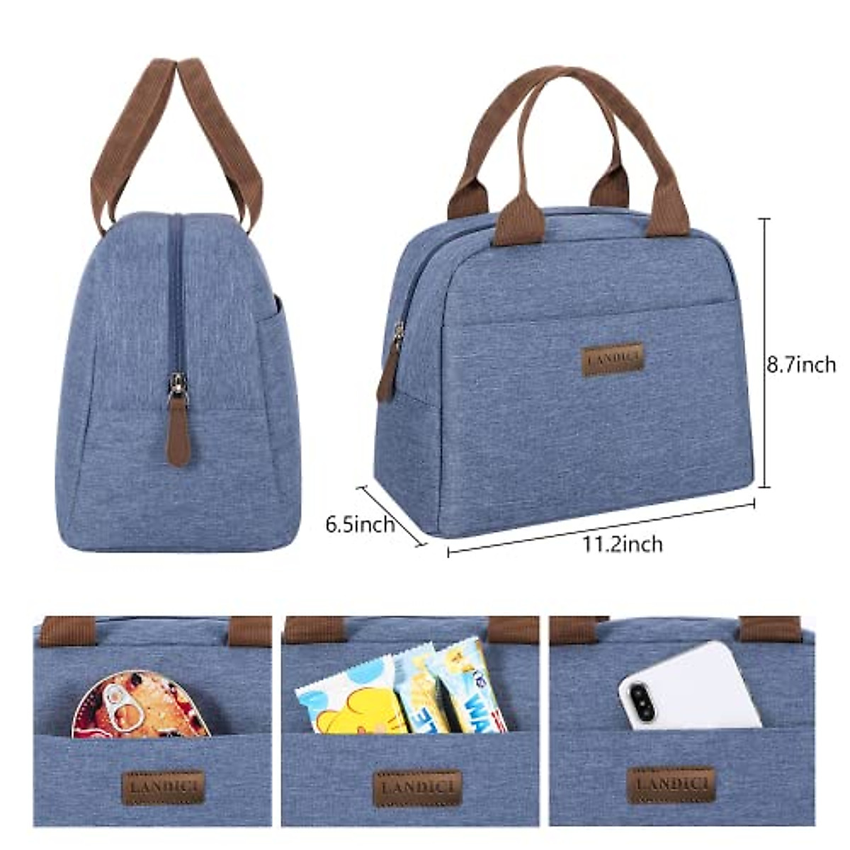 LANDICI Lunch Bag for Women Men Insulated Lunch Box Containers for Adult,Portable Lunchbox Reusable Small Cooler Lunch Tote Bags for Work Office Travel Picnic, Blue