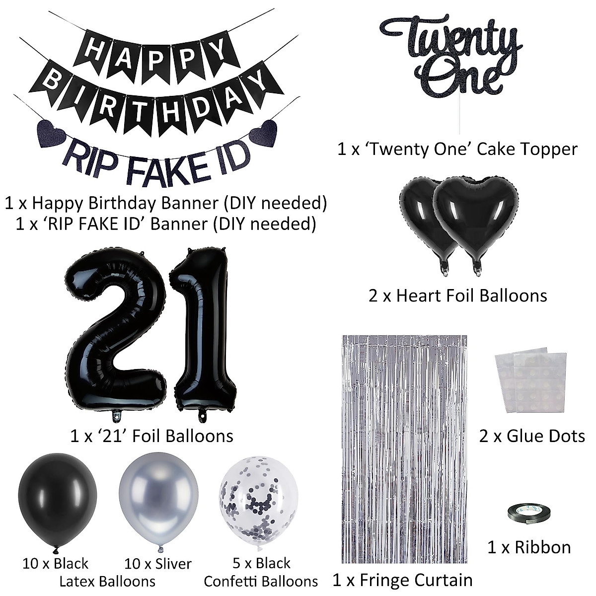 21st Birthday Decorations, Happy 21st Birthday Decorations with Happy Birthday Banner, Sliver Foil Curtains, RIP FAKE ID 21 Balloons Kit, Black Cake Topper, 21st Birthday Decorations for Him