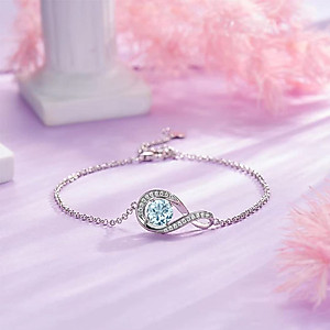 Gemlanto 925 Sterling Silver Bracelet Infinity Created Aquamarine March Birthstone Link Bracelets for Women Girls Danity Simple Graduation Birthday Anniversary Jewelry Gifts for Her Mom, Adjustable Chain 6.7+0.6+0.6 inch