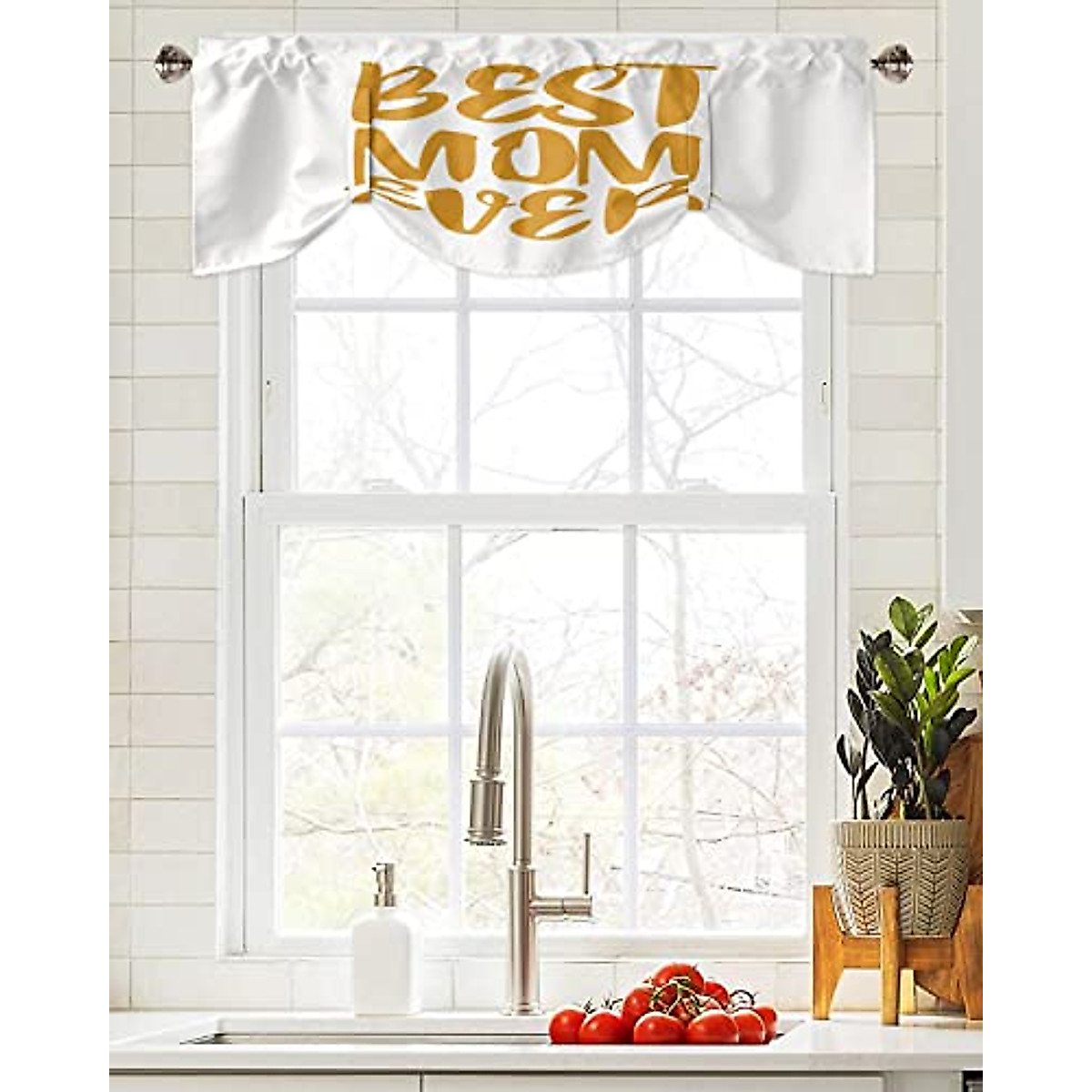 Funnywall88 Tie Up Curtain Valance for Living Room,Gold Best Mom Ever White Background Valance for Kitchen Window Valance Adjustable Tie-up Valance 18 Inch Rod Pocket 1 Panel