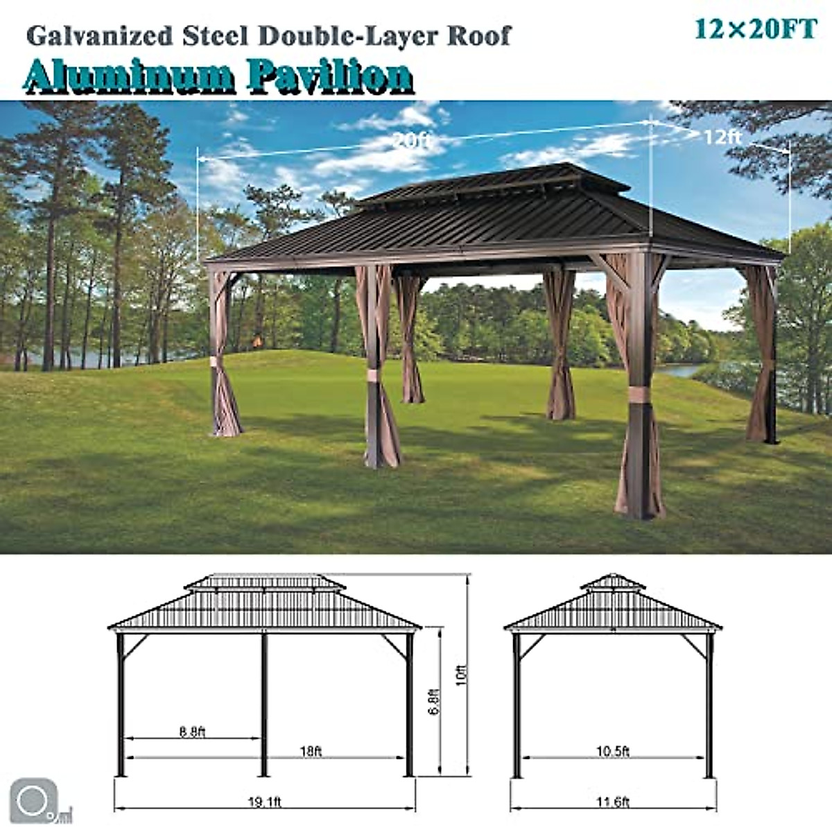 Hard Top Gazebo, Galvanized Steel Double-Layer Roof Aluminum Outdoor Gazebo, with Curtains and Nets, Permanent Use Backyard Pavilion, Suitable for Patio, Garden and Lawn (12'x20', Brown)