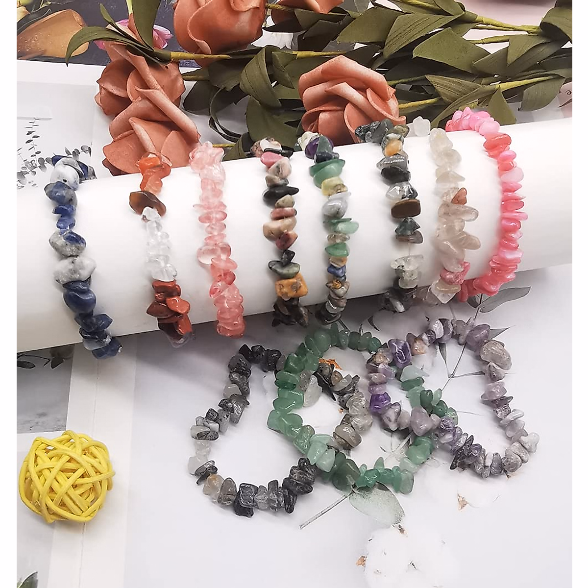 SAMOCO 20 PCS Natural Gemstone Bracelets Chakra Crystal Irregular Chips Beads Stretch Bracelets for Women Align Chakras Promote Communication