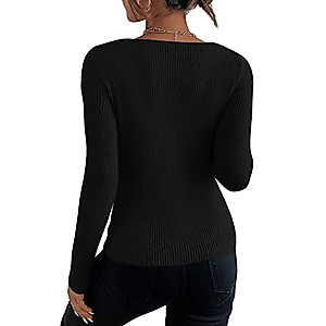 SweatyRocks Women's Casual Long Sleeve V Neck Top Solid Ribbed Knit Pullover Sweater Black S