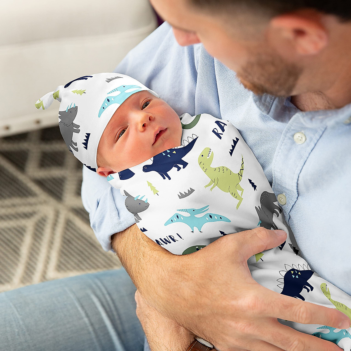 Sweet Jojo Designs Mod Dino Baby Boy Cocoon and Beanie Hat 2pc Set Jersey Stretch Knit Sleeping Bag for Infant Newborn Nursery Sleep Wrap Sack - Blue, Green and Grey Modern Dinosaur