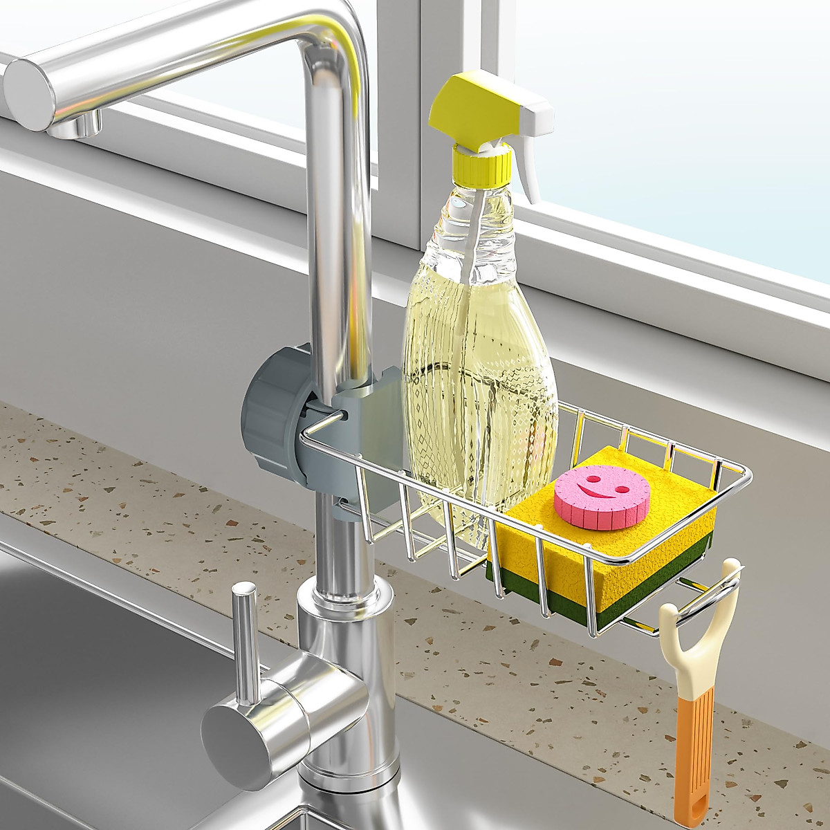 Aexbxoa Kitchen Sink Faucet Organizer, Sponge Holder for Kitchen Sink, Adjustable Detachable Stainless Steel Faucet Rack for Bathroom, Scrubbers, Soap