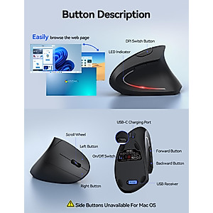 TECKNET Ergonomic Mouse, Rechargeable Vertical Ergo Mouse Wireless, Silent 2.4GHz 6 Buttons Optical Carpal Tunnel Mouse, 5 Adjustment Levels, Up to 4800DPI Wireless Mouse for Laptop, Desktop, PC