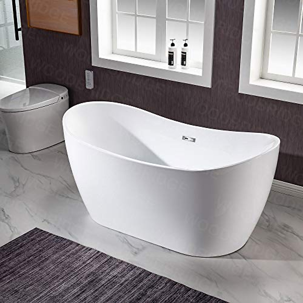 WOODBRIDGE 59" Acrylic Freestanding Bathtub Contemporary Soaking White Tub with Chrome Overflow and Drain，B0016 -C-Drain &O