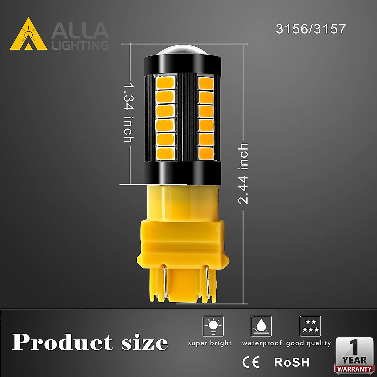 Alla Lighting 2800lm 3156 3157 LED Turn Signal Lights Bulbs, Amber Yellow T25 4157 5702 3457 AK 3757 NAK Blinker Lamps Replacement Xtreme Super Bright 12V 5730 33-SMD