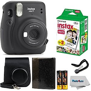 Fujifilm Instax Mini 11 Instant Camera Mocha Grey | Instax Mini Twin Pack Film | Glitter Photo Album Holds 64 Photos | Groovy Case | Cloth