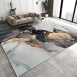 QINYUN Modern Style Area Rug, Grey Gold Swoosh Marble Bedroom Rug, Indoor Decorative Rug Anti-Slip Comfortable and Durable, Suitable for Office Bedroom Living Room-4ft×6ft