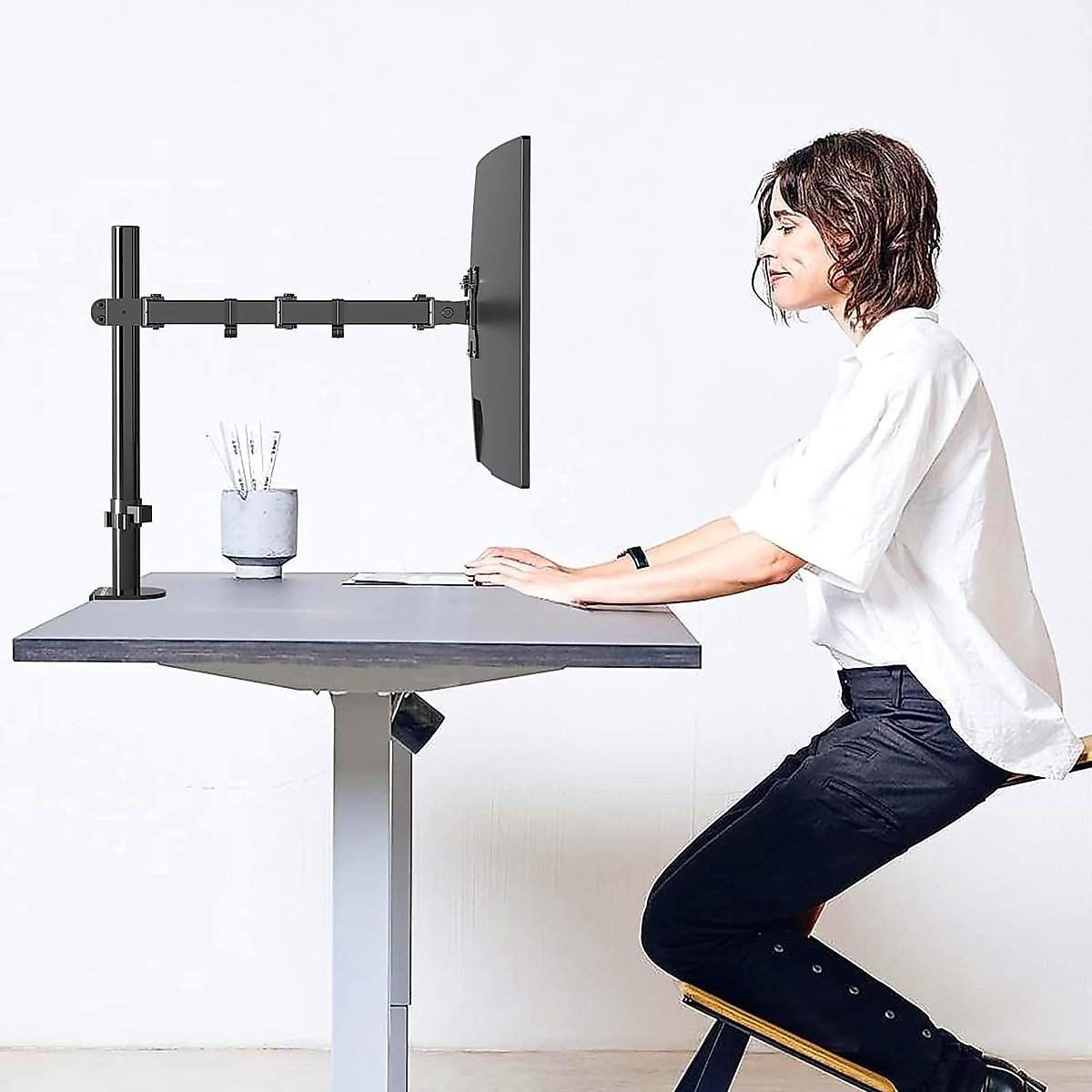 Amazon Basics Single Computer Monitor Stand with Tilt and Rotation, Height Adjustable VESA Desk Arm Mount, Steel, 30 inches, Black