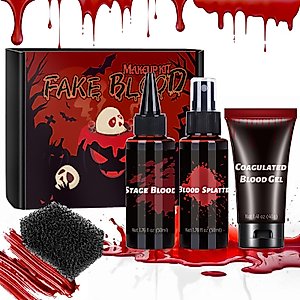 CHASPA Halloween Fake Blood SFX Makeup Kit - Coagulated Blood Gel, Blood Splatter, Stage Blood, Stipple Sponge, Realistic Special Effect Makeup kit for Zombie Vampire Monster Halloween Costume
