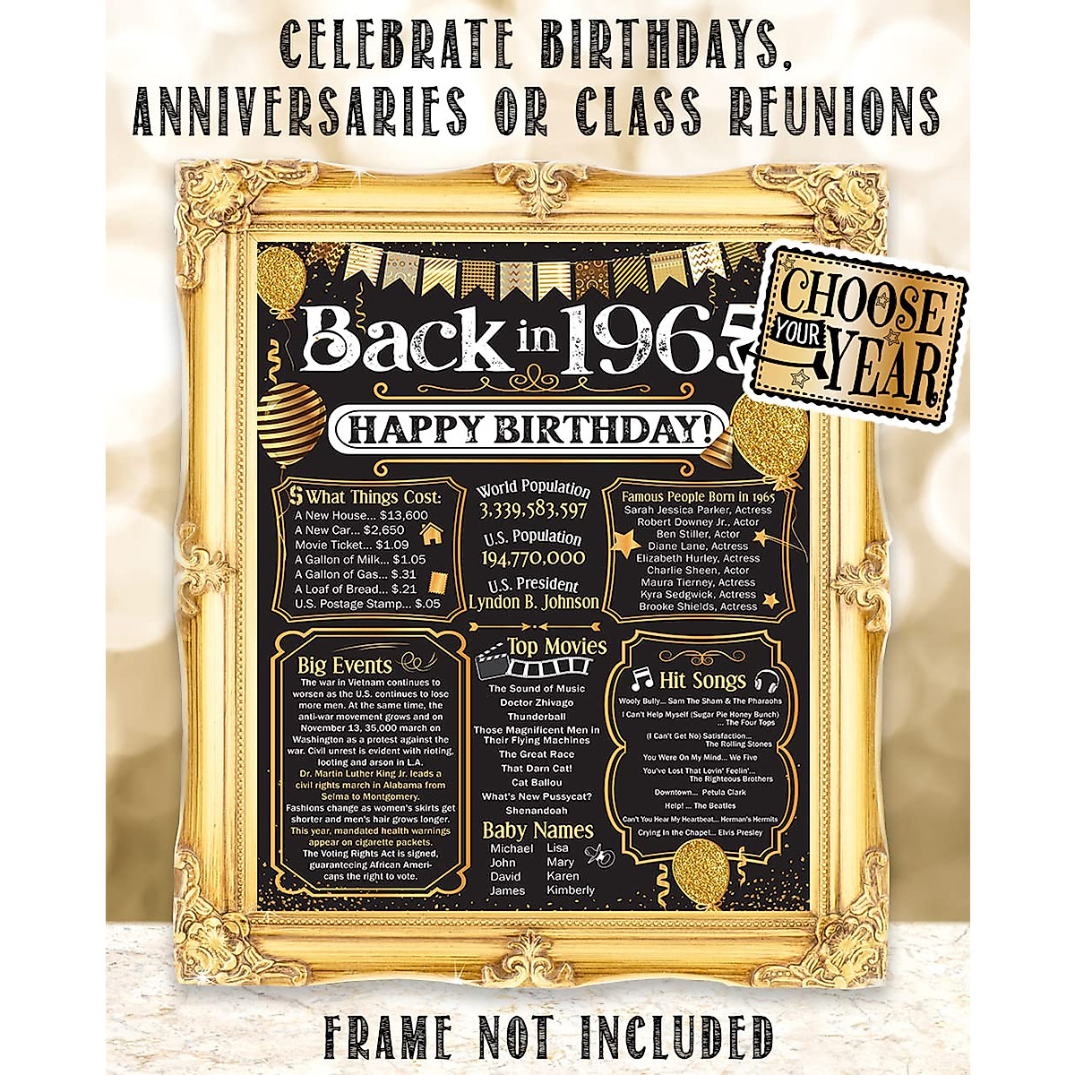 60th Birthday Party Decorations for 60th Birthday (Sixty) - Remembering The Year 1965 - Party Supplies - Gifts for Men and Women Turning 60 - Back In 1965 Birthday Card 11x14 Unframed Print