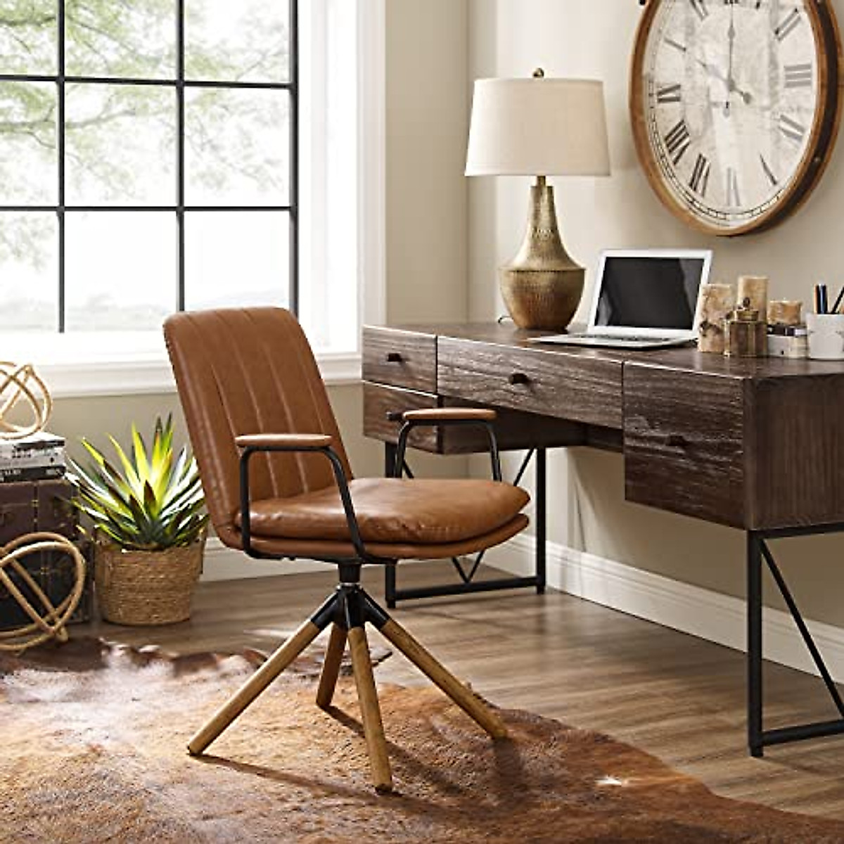 Volans Home Office Desk Chair, Oak Wood Legs, Modern PU Leather Desk Chair No Wheels, Executive Swivel Arm Chair, Mid Back Office Chair, Yellow Brown