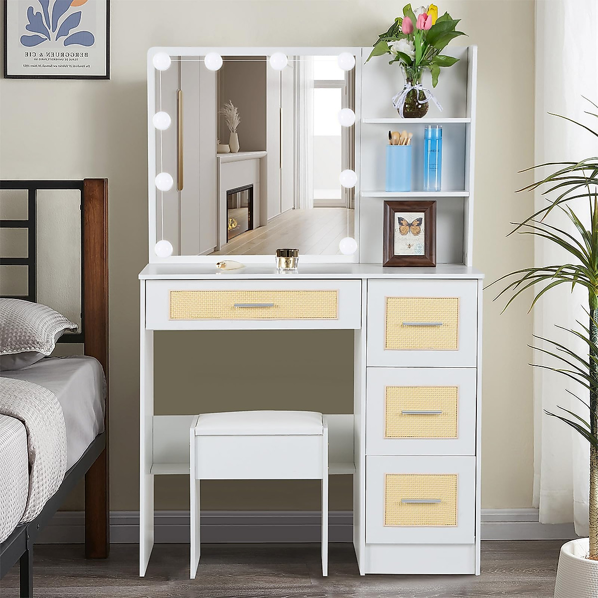 Lucaseone Vanity Table with Lighted Mirror, Makeup Vanity with Lights and Drawers, Vanity Desk Dressing Table with Cushioned Stool for Bedroom (Modern3076)