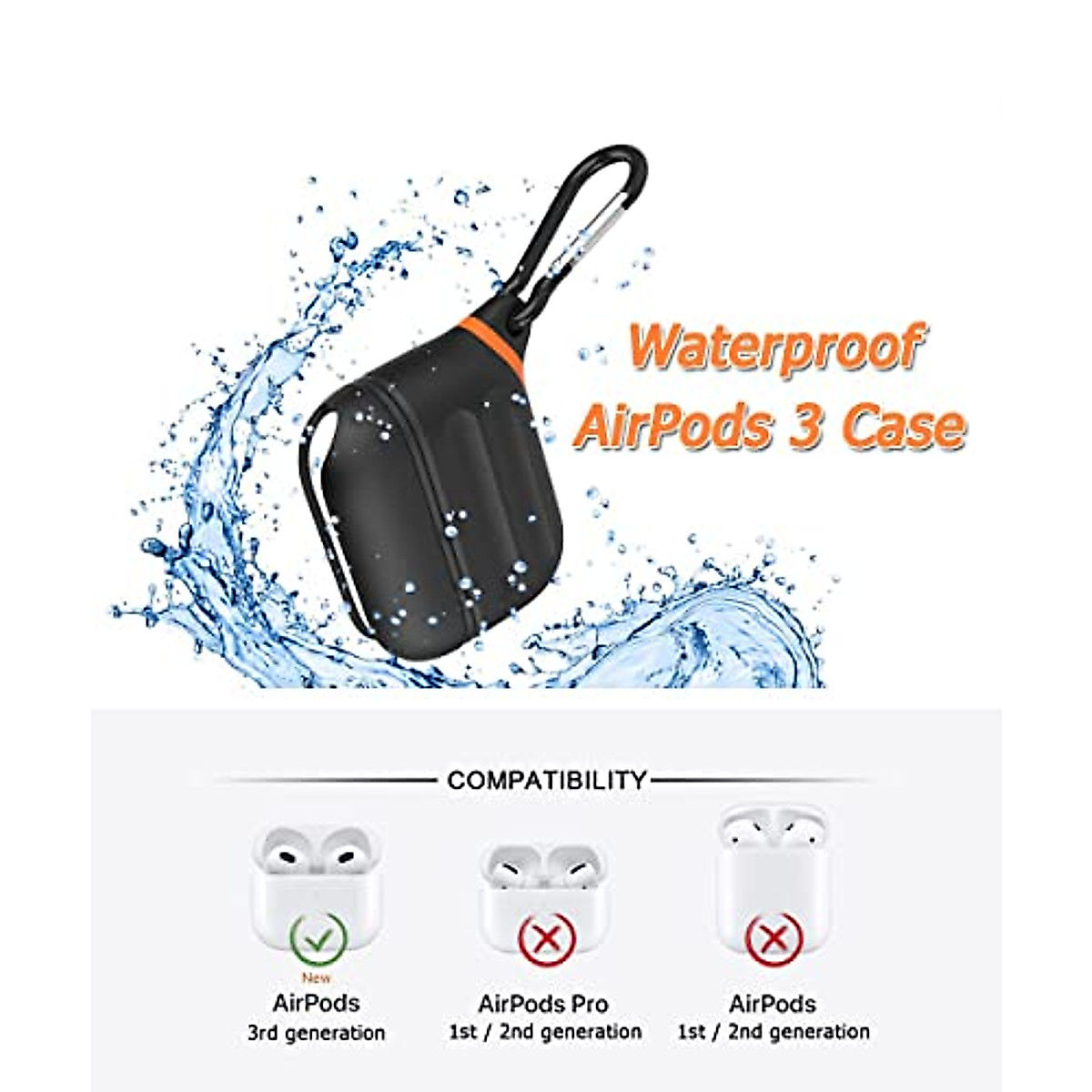HALLEAST for AirPods 3 Case Waterproof, Front LED Visible & Support Wireless Charging, Protective Silicone Case Cover Compatible with for AirPods 3 Accessories, Black