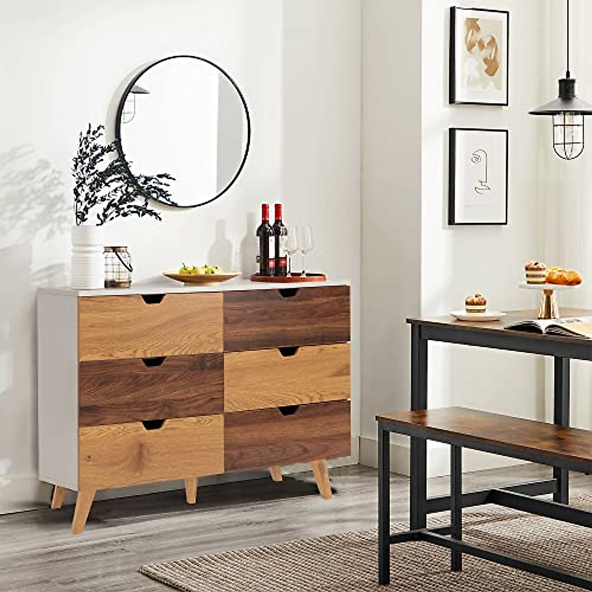 EazeHome 6 Drawer Dresser, Mid-Century Modern Dresser with Wide Double Drawer, 6 Chest of Drawers Wood Storage Cabinet for Bedroom, Living Room, Entryway