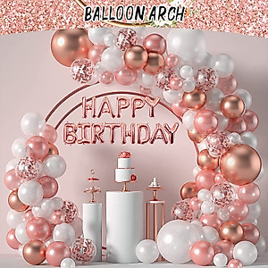 Floral Happy Birthday Decorations Women, 125PCS Rose Gold Flower Birthday Party Supplies Including Happy Birthday Backdrop, Balloon Arch/Garland Kit, Birthday Tabblecloth for Girls