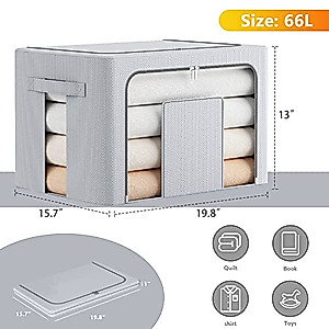 FAikhom 3 Pack Stackable Storage Bins- Foldable Metal Frame Storage Box Oxford Fabric Stackable Clothes Container Organizer with clear Window & Carry Handles (66L, Grey)