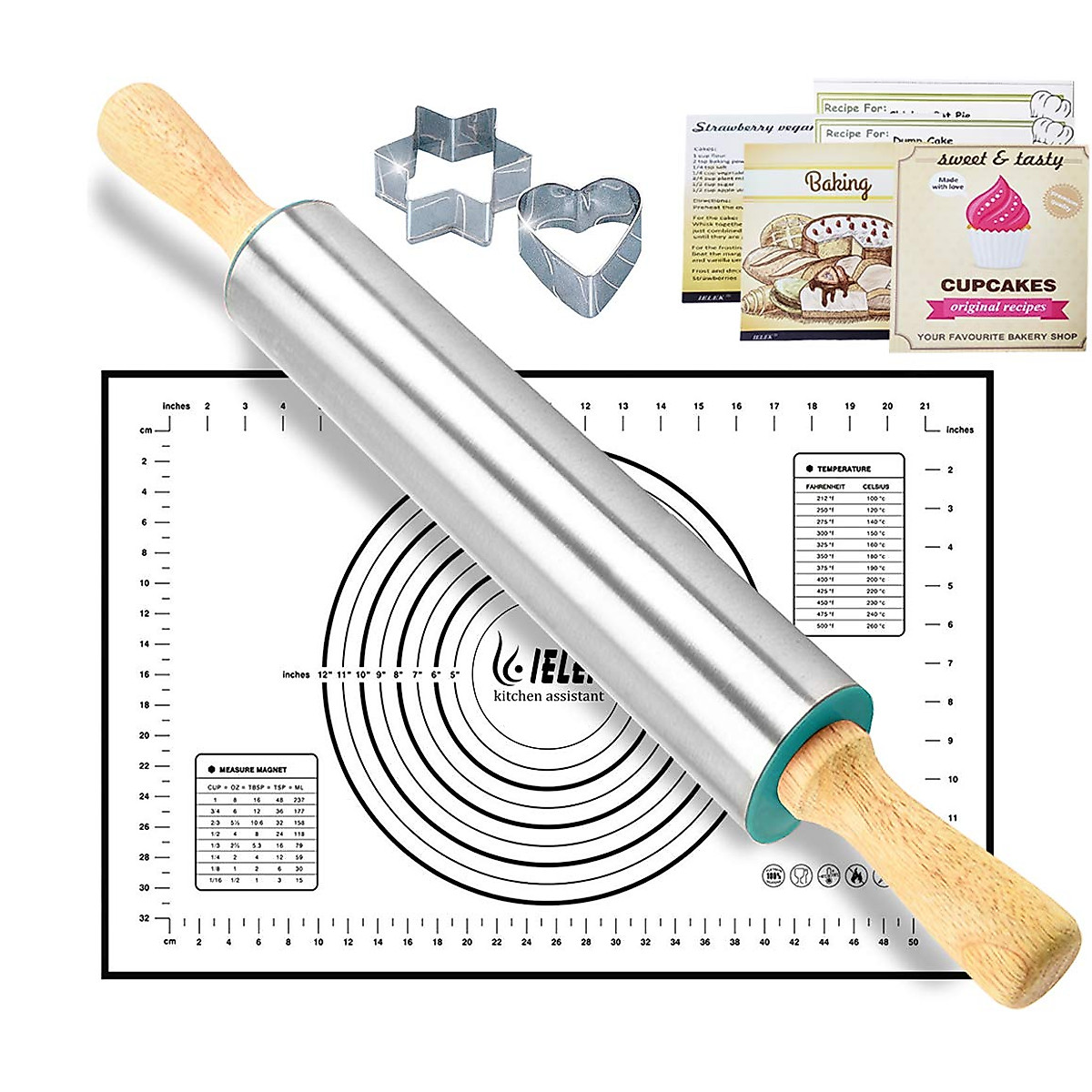 Rolling Pin Nonstick and Silicone Baking Pastry Mat Combo Kit Dough Rollers for Baking Pasta,Cookie Dough,Pastry,Bakery,Pizza