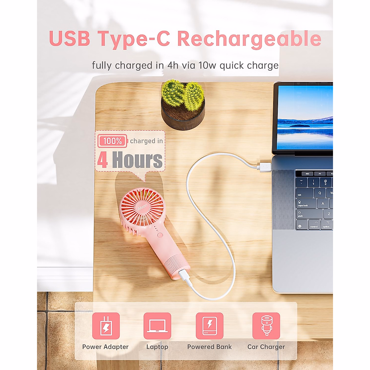 Aluan Handheld Fan Mini Fan Portable Hand Held Fan Rechargeable 4800mAh Battery Operated Fan with Power Bank Powerful 3 Speeds Small Personal Fan for Travel Makeup Kids Women Men, Pink