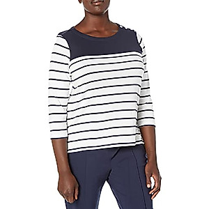 Nautica Women's Boatneck 3/4 Sleeve 100% Cotton Shirt, Indigo, Large