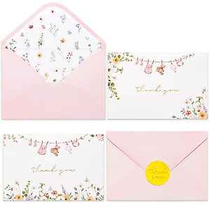 Crisky Baby Shower Pink Gold Thank You Cards (50 Pack) with Envelopes & Stickers Girl Baby Shower Greeting Cards Bulk, Watercolor Delicate Wildflower for Baby Shower Party