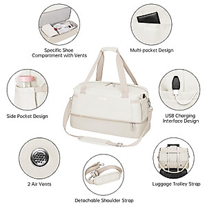 ETRONIK Gym Bag for Women, Travel Duffel Bag with USB Charging Port, Weekender Overnight Bag with Wet Pocket and Shoes Compartment for Women, Travel, Gym, Yoga (Khaki)