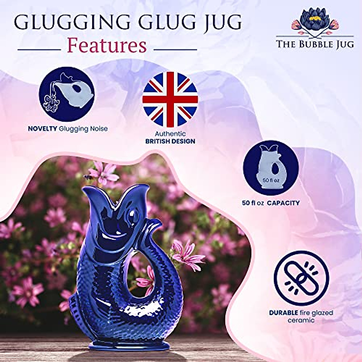 The Bubble Jug® Dark Cobalt Blue 50 fl oz 1.5L Litre Extra Large Glug Gurgle Pitcher Jug - Fish Shaped Jug - Decorative Ceramic Glugging Cocktail, Water and Gin Jug and Gurgling Carafe Pot