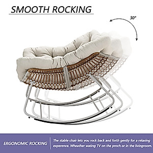 Naga Bahna Royal Rocking Chair, Outdoor Rocking Papasan Chair with Padded Beige Cushion Rocker Recliner Chair, Oversized Metal White Frame Rattan Egg Chair for Patio, Porch, Living Room