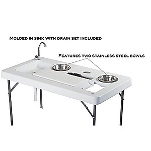 Old Cedar Outfitters Deluxe Fish Fillet Table, or Portable Folding Camping Kitchen with Cutting Board, Bowls, Knife, Odor Bar, Sink, Drain and More! 49.8" x 25.6" x 37.2", White,Camp