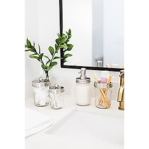 Jarmazing Products Ball Mason Jar Bathroom Gift Set (4 pcs) - Lotion/Soap Dispenser, Toothbrush Holder, Q-Tip Storage Jars - Farmhouse Home Decor for Vanity Organization - Stainless Steel