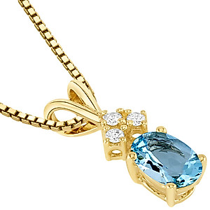 PEORA Solid 14K Yellow Gold Aquamarine and Diamonds Pendant for Women, Genuine Gemstone Birthstone Solitaire, Oval Shape, 7x5mm