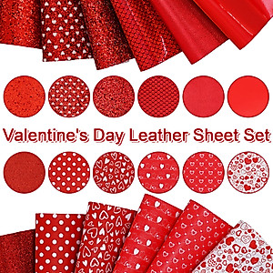 Whaline 12Pcs Valentines Faux Leather Sheet 12 x 8 Inch Red Heart Glitter Synthetic Leather Fabric Assorted Patern Classic Red Leather Fabric for Wedding Anniversary DIY Crafts Earring Hair Bow