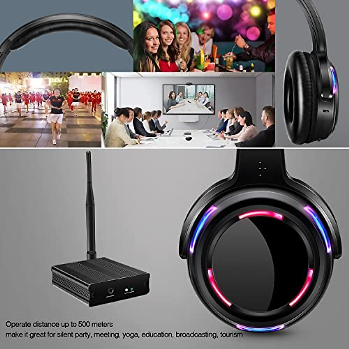 AYVVPII 10pcs Bundle Wireless Silent Disco LED Flashing Light Headphones with 1 Transmitter 500m Distance