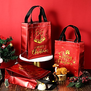 24 Pack Christmas Gift Bags with Tissues, Red Medium Reusable Christmas Tote Bags with Handles, Metallic Gold Foil Goodie Bags Non Woven Gift Bags Bulk for Christmas Holiday Party Favors, 5x8x10 Inch