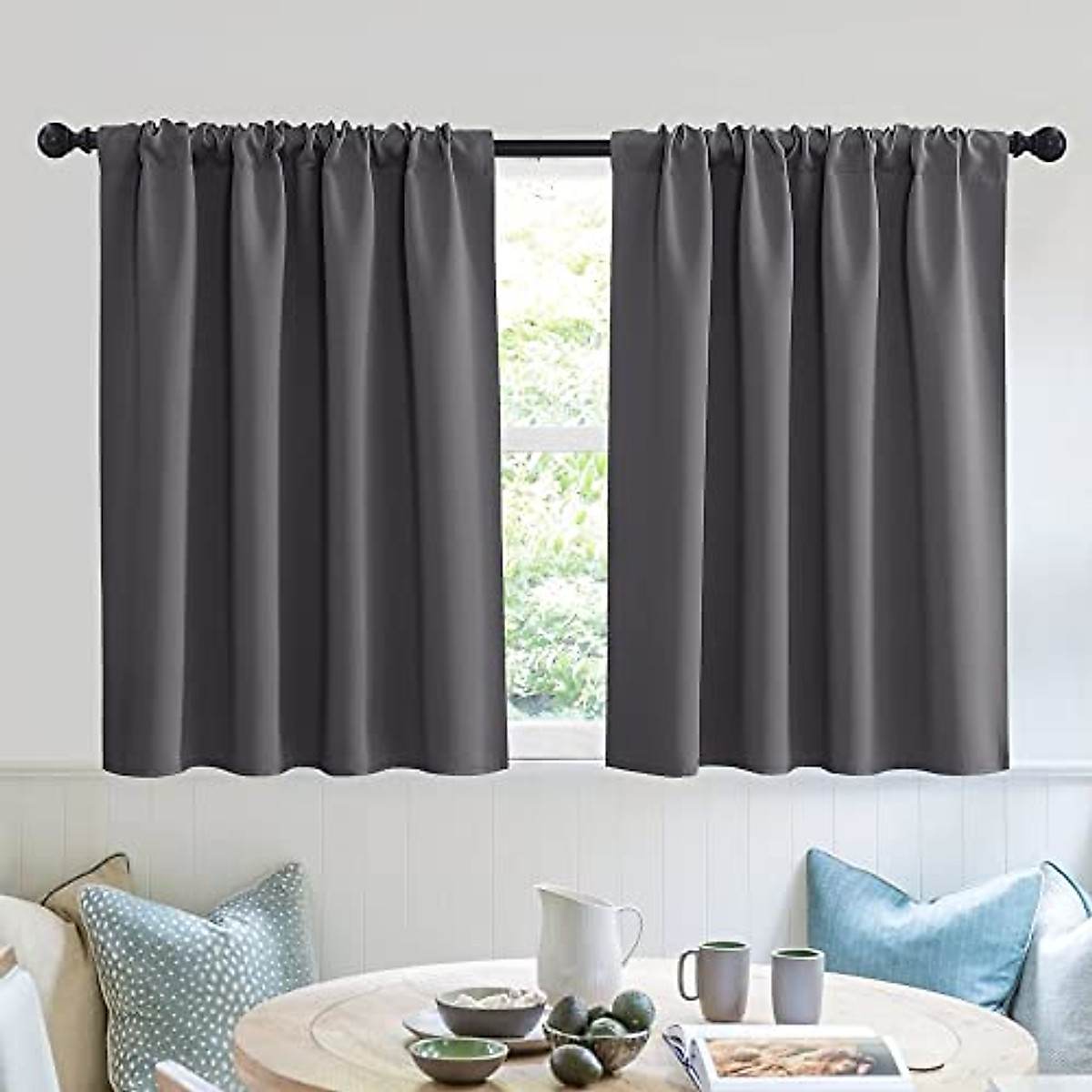 RYB HOME Blackout Curtains for Bedroom, Small Window Valances Tiers Curtain Set Light Block Privacy Drapes for Kitchen Kids Nursery Bathroom, W 52 x L 36 per Panel, Grey, 1 Pair