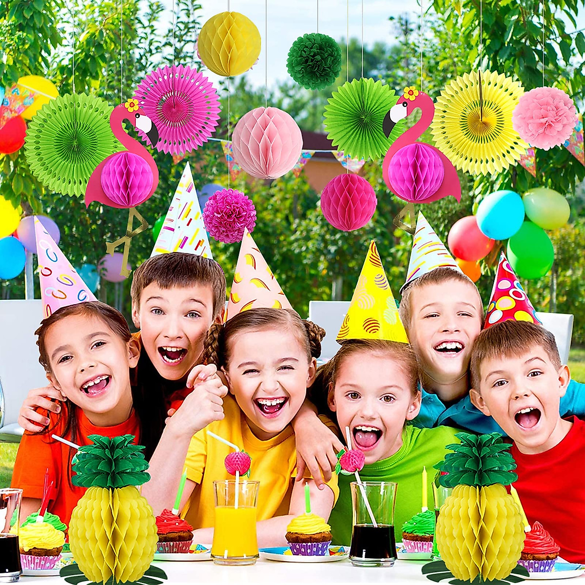 Flamingo Party Supplies, Luau Party Decorations Topical Flamingo and Pineapple Honeycomb Balls Paper Fans Pom Poms Flowers Hibiscus Flowers for Hawaiian Birthday Beach Bachelorette Party