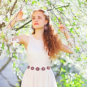 Kenning Turquoise Concho Chain Belt Metal Western Waist Belts for Women Boho Belt 1.2 x 2 Inch Turquoise Drop Statement Post Earrings(Pink Turquoise,Novel Style)