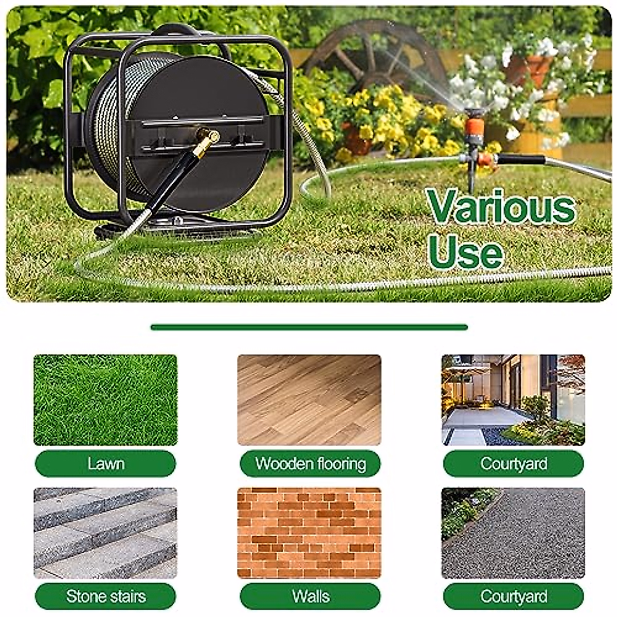 SPECILITE Heavy Duty Metal Garden Hose Reel With 100 Ft 304 Stainless Steel & 9-Pattern Metal Nozzle, 360° Rotation Frame,Wall Mount/Floor Hose Reel,