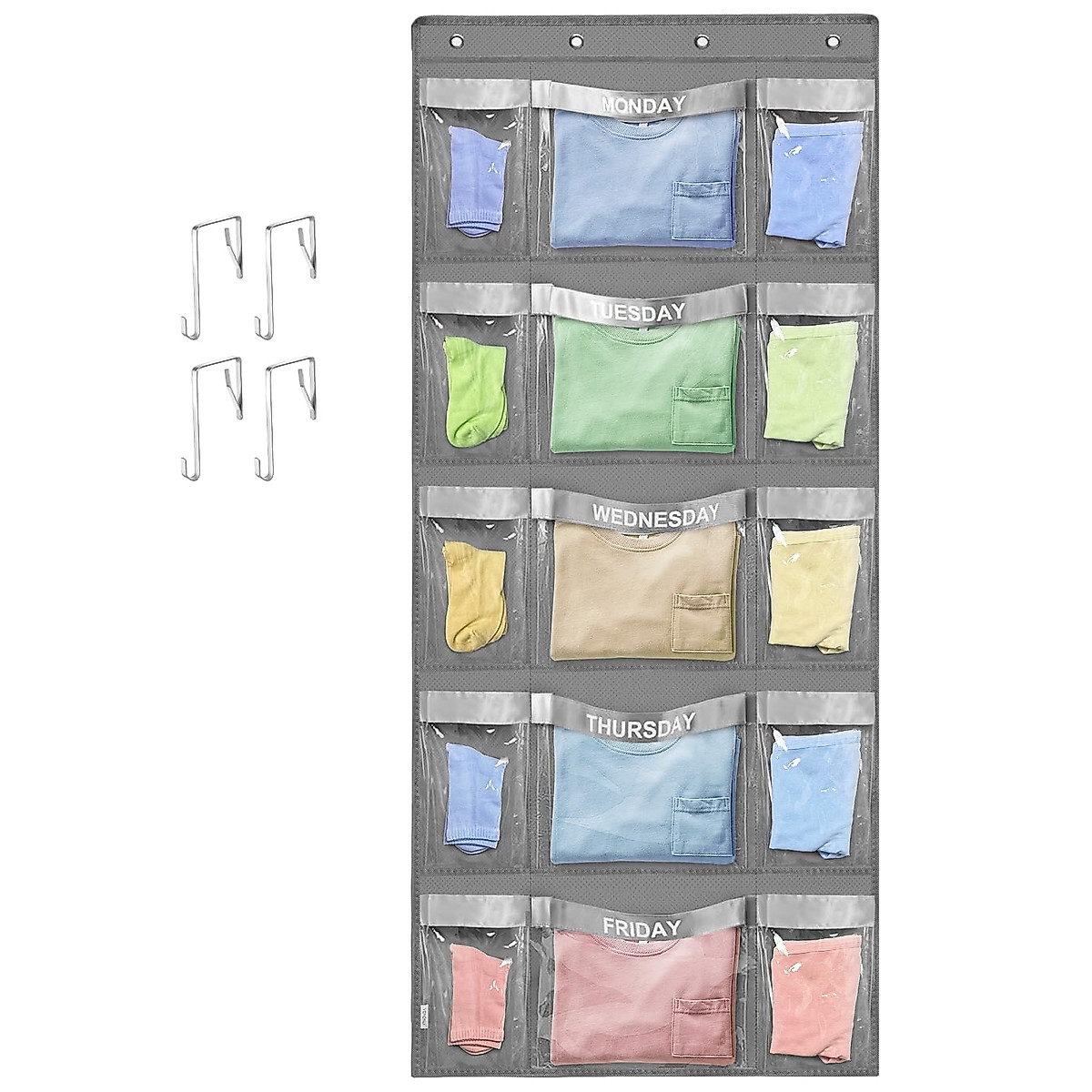 VERONLY Weekly Hanging Closet Organizer for Kids,Day of Week Kids Clothes Organizer,School Clothing Storage Monday to Friday Hanging Closet Organizer Shelves for Bedroom,Bathroom,Dorm (Grey)