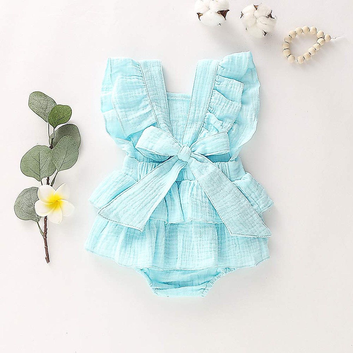 Douhoow Newborn Baby Girls Romper Ruffle Jumpsuit Bodysuit One-Piece Cotton Linen Outfits Clothes (Blue,3-6 Months)