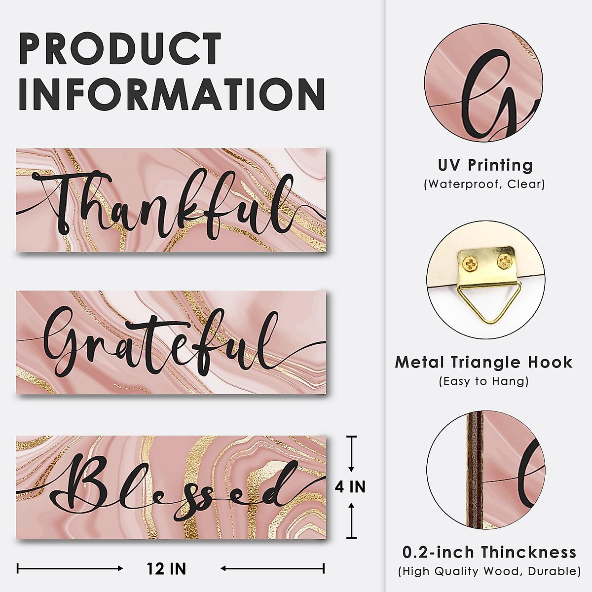 3 Pieces Funny Rustic Wooden Art Wall Hangings Set, Thankful Grateful Blessed, Pink Gold Marble Style Wood Signs 12 X 4 Inches for Home, Living Room, Bedroom, Office, Cafe, Hotel Wall Decor